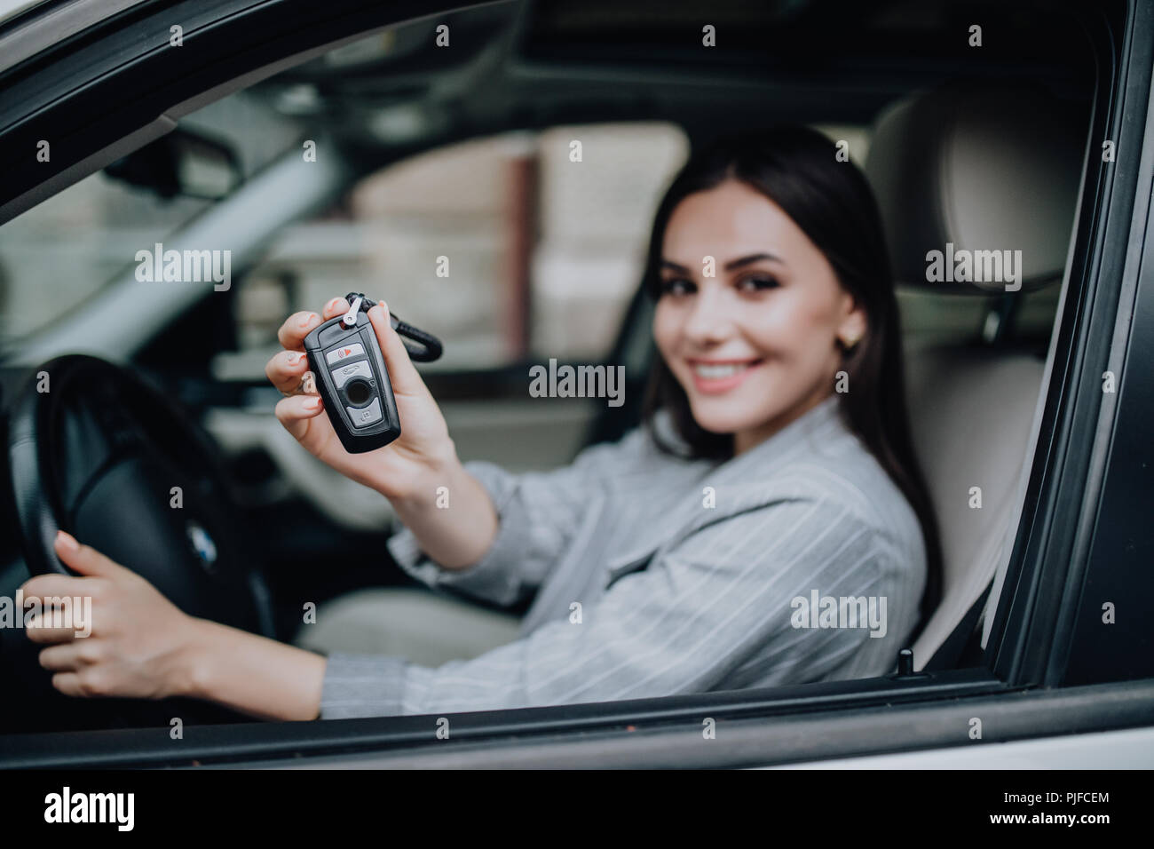 happy learner driver young girl smiling portrait with car keys Stock ...