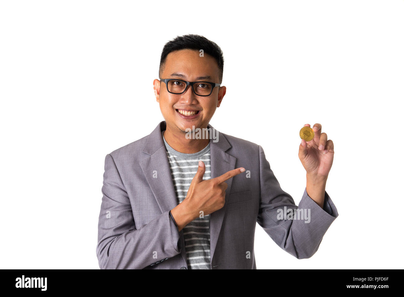 happy asian man with bitcoin Stock Photo - Alamy