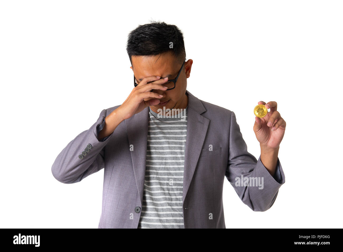 sad asian man with Bitcoin crypto currency Stock Photo - Alamy