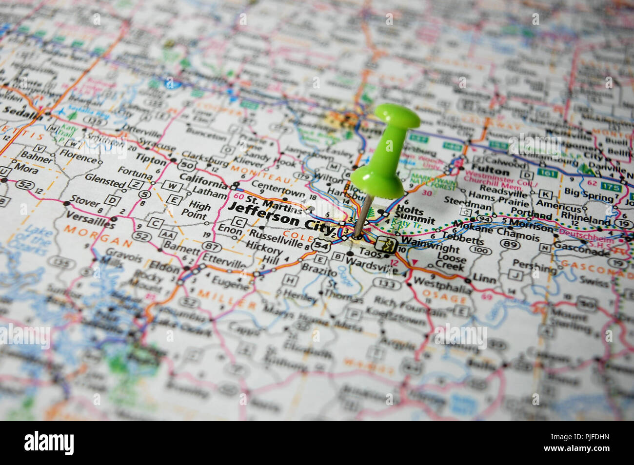 A map of Jefferson City, Missouri marked with a push pin Stock Photo ...