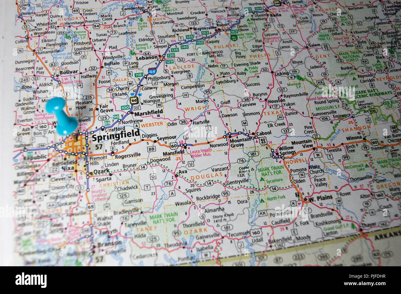 A map of Springfield, Missouri marked with a push pin Stock Photo - Alamy