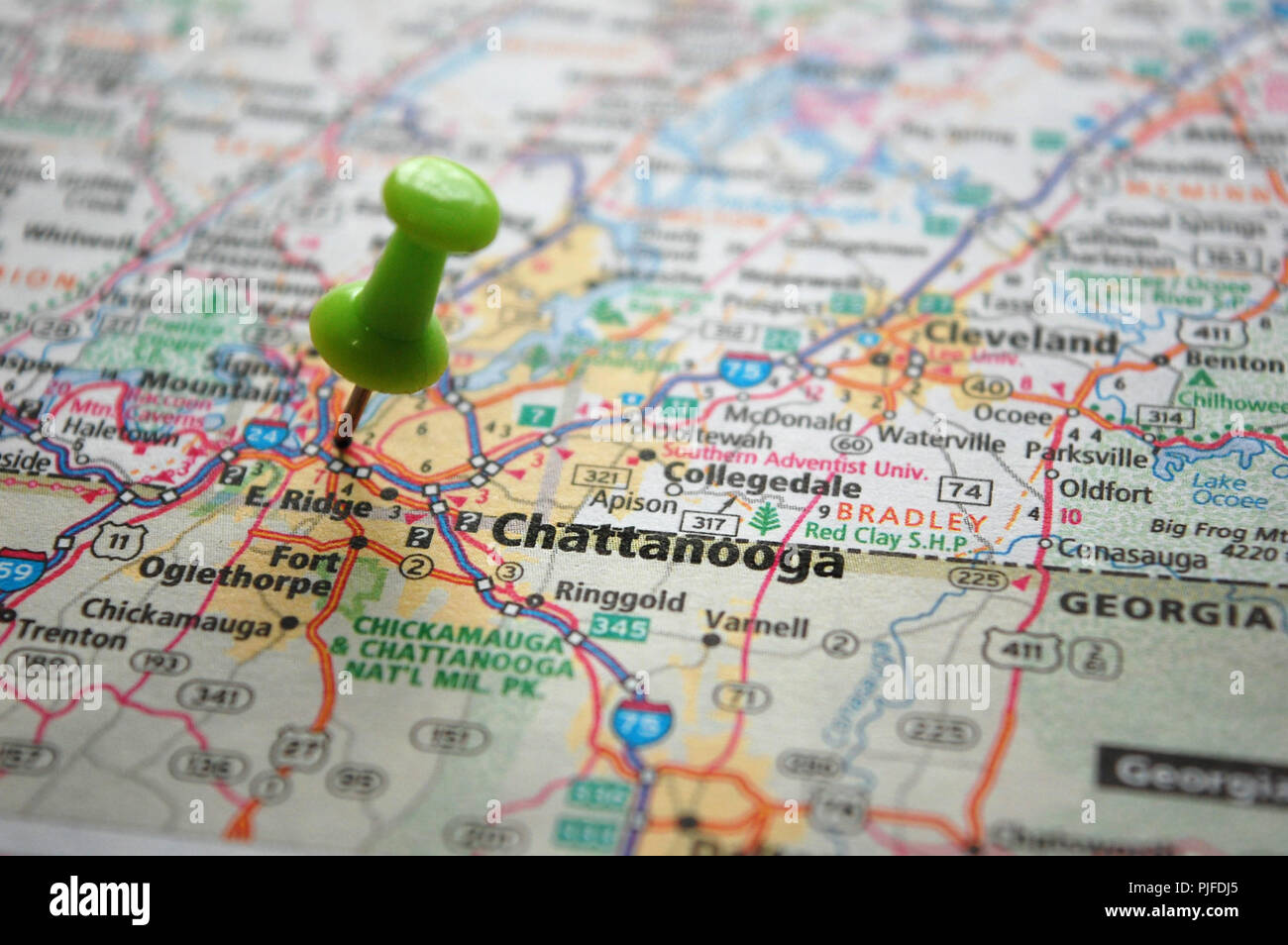 A map of Chattanooga, Tennessee marked with a push pin Stock Photo - Alamy