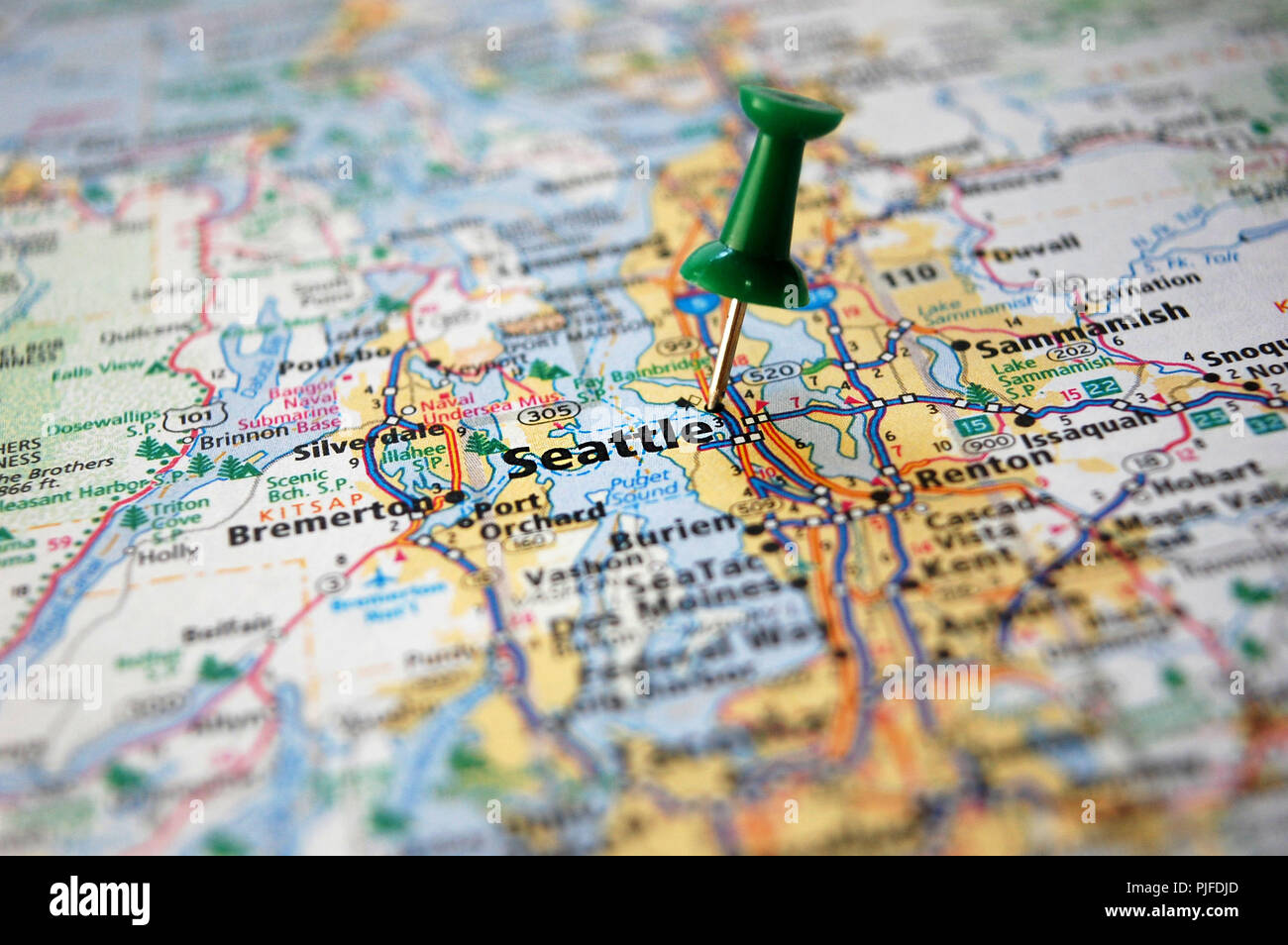 A map of Seattle, Washington marked with a push pin Stock Photo - Alamy