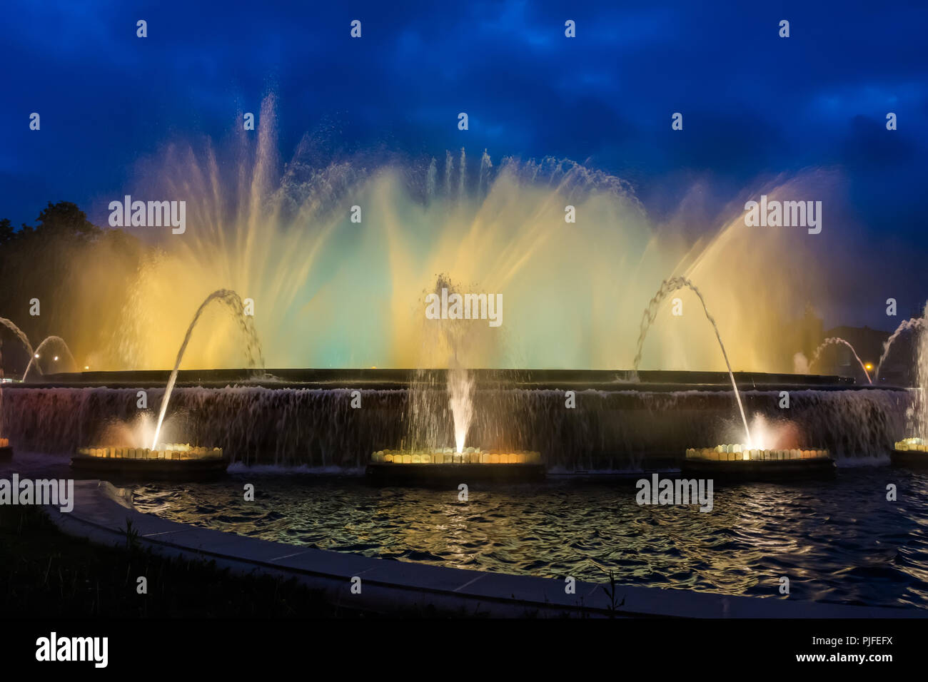 Colorful performance of Magic Fountain of Montjuic in Barcelona, Spain ...