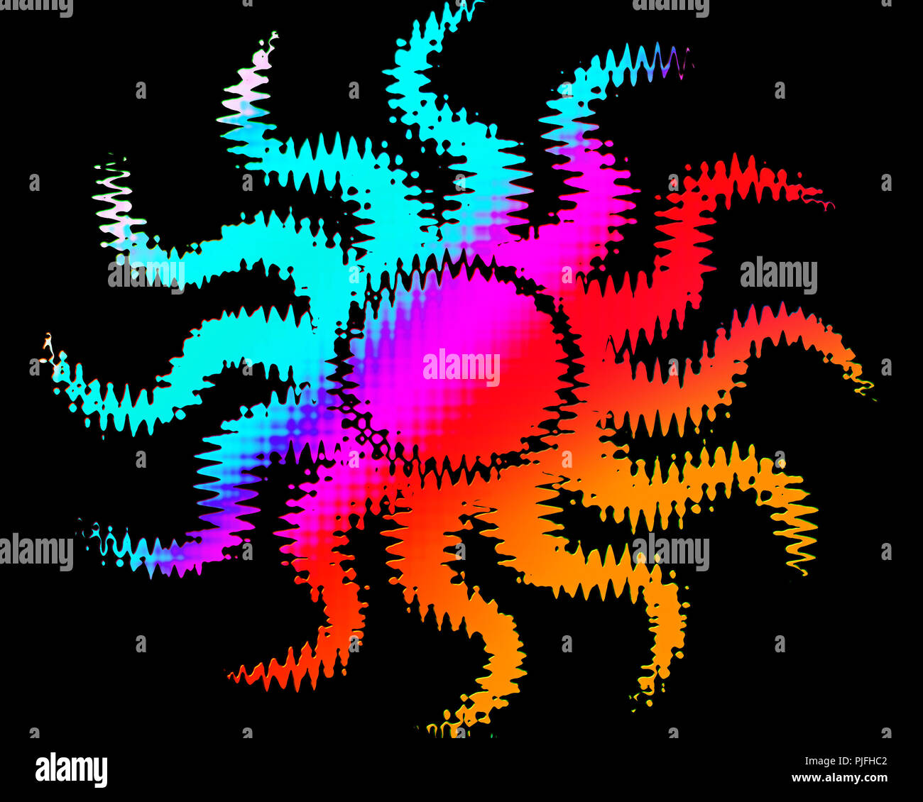 Abstract sun shape design in vibrant bold colors against a black ...