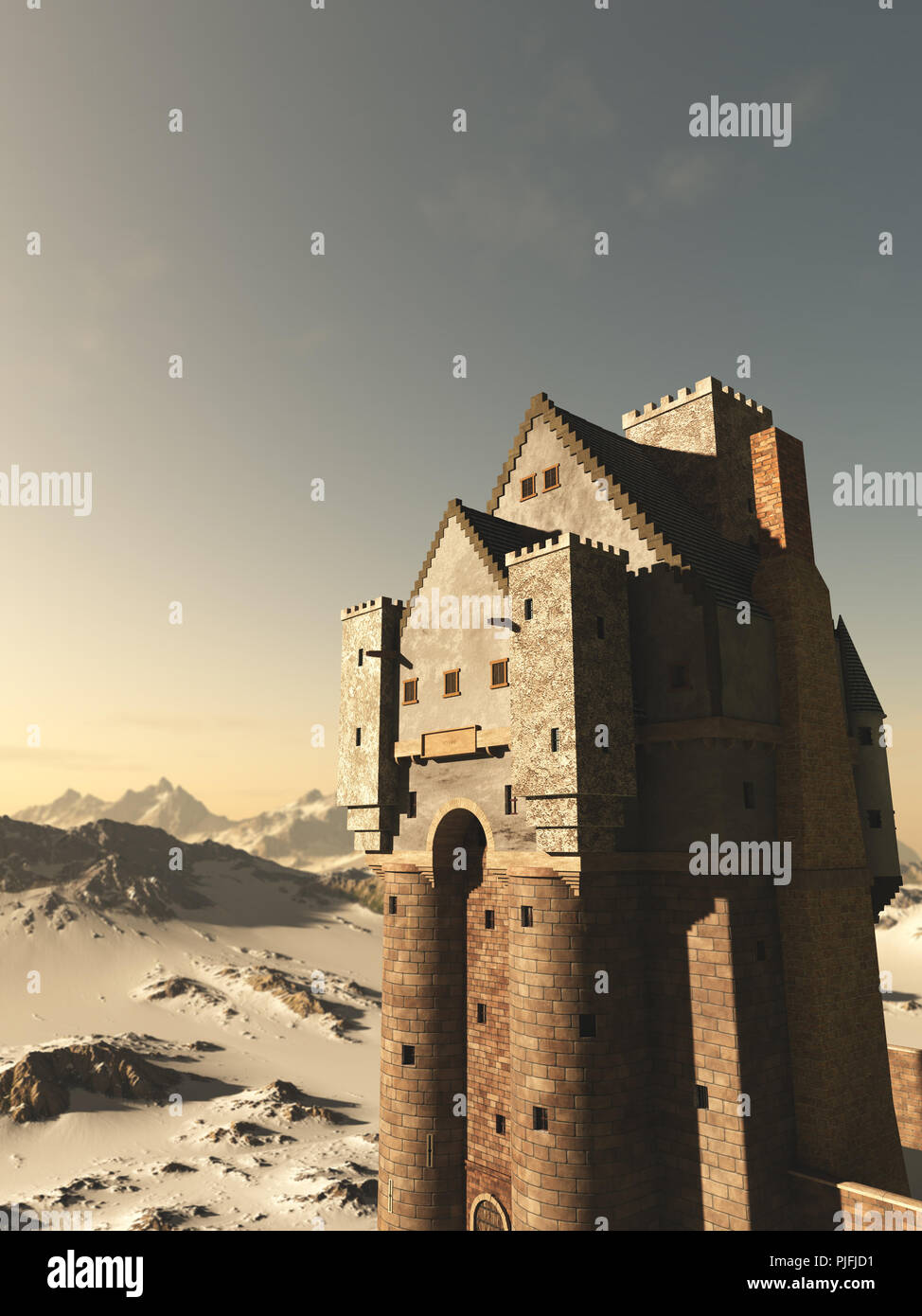 Medieval Tower House Castle in Snowy Mountains Stock Photo - Alamy