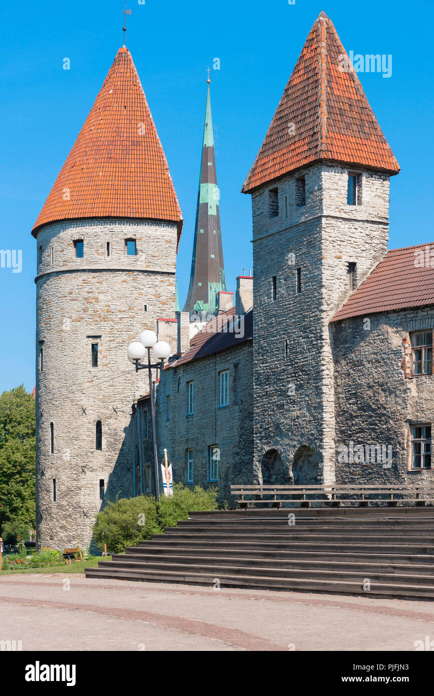 Tallinn medieval towers, view of a section of the Lower Town Wall with ...