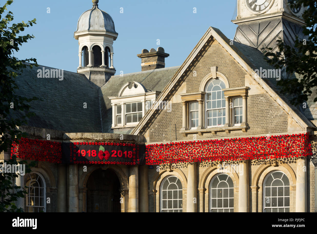 The Guildhall, Market Place, Thetford, decorated with poppies ...