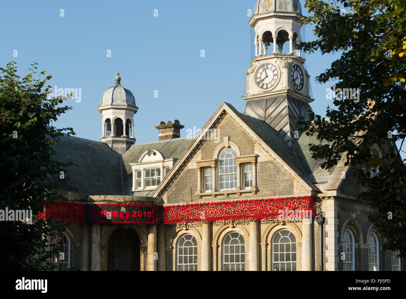 The Guildhall, Market Place, Thetford, decorated with poppies ...