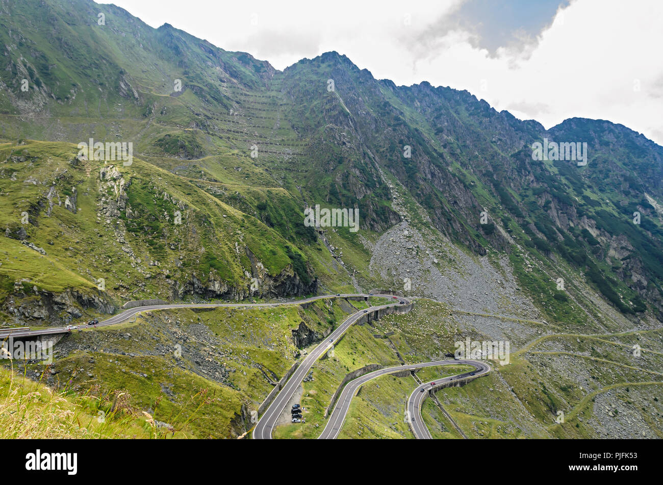 The Transfagarasan road in Fagaras mountains, Carpathians with green ...