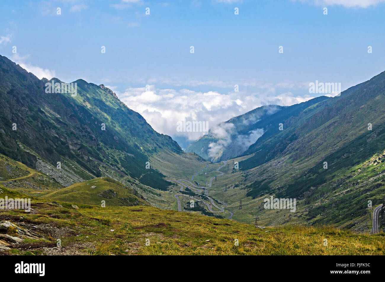 The Transfagarasan road in Fagaras mountains, Carpathians with green ...