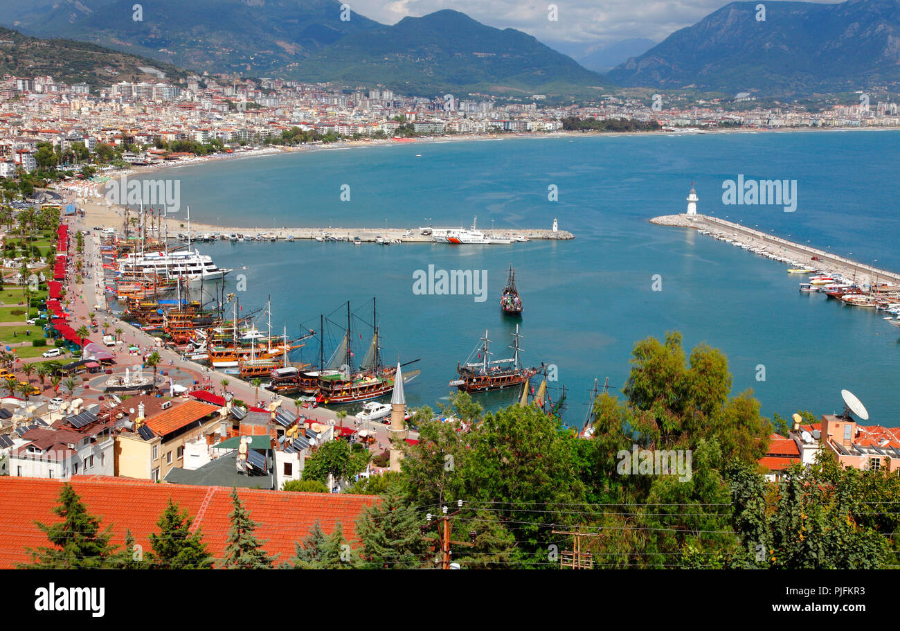 Turkey, province of Antalya, Alanya, the harbour and the red tower ...
