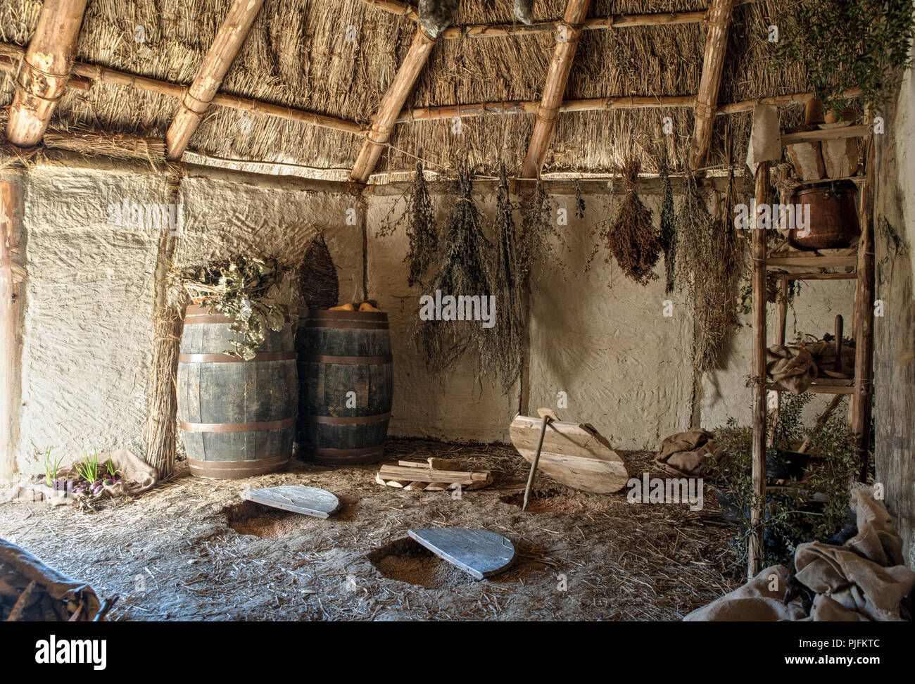 The interior of the typical manor longhouse, in the Medieval Village of ...