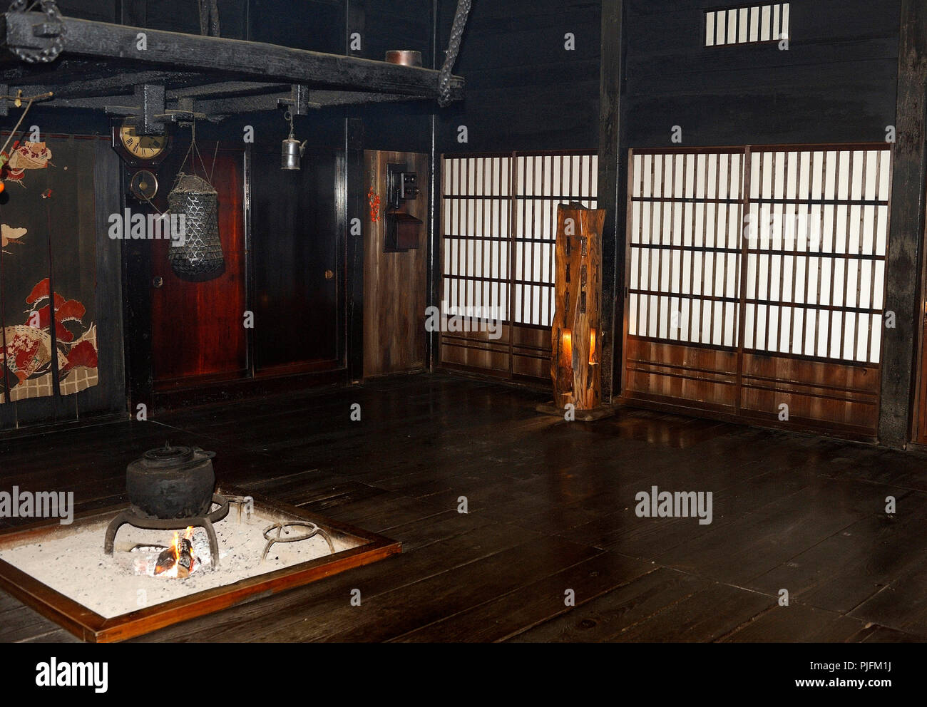 Japan, Japanese Alps, Shirakawa-go, irori (fireplace) of a traditional ...