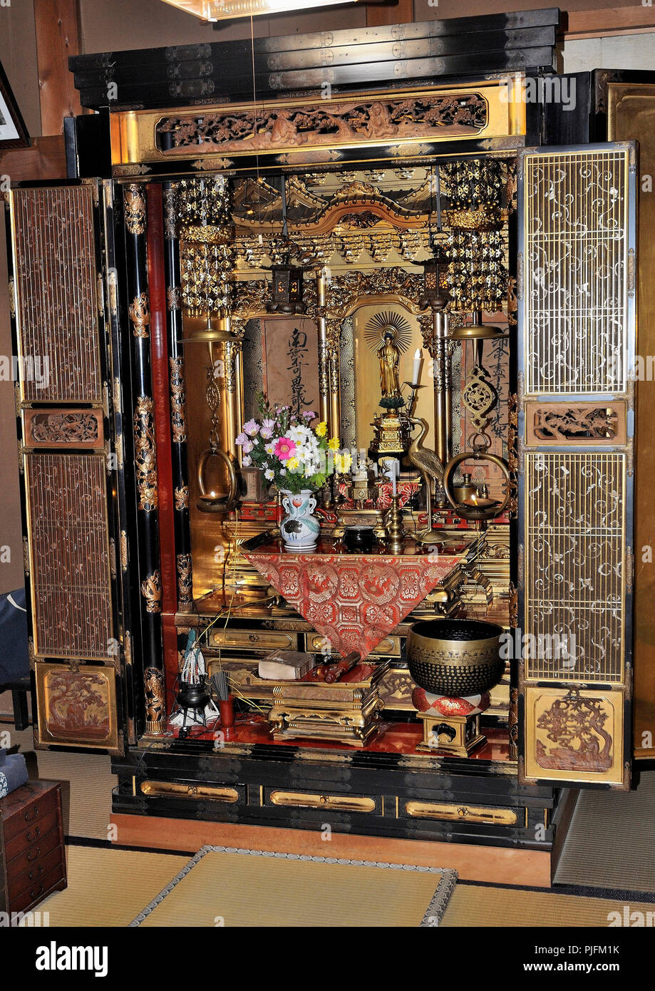 Japan, Japanese Alps, altar of a traditional house in Shirakawa-go ...