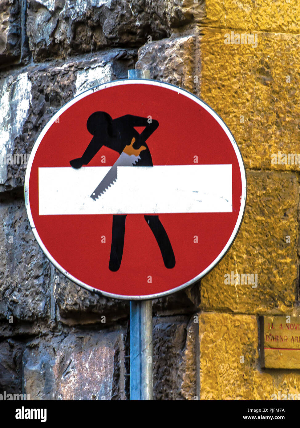 Italy, Tuscany, Florence, do-not-enter sign transfigured by an artist ...