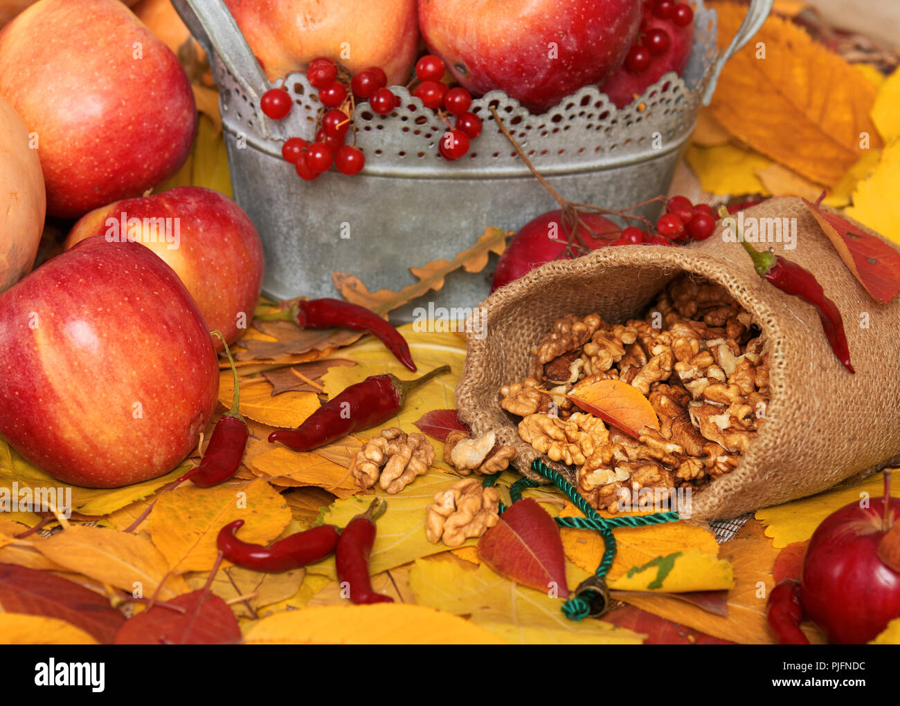 autumn harvest - fruits and vegetables are on fallen yellow leaves ...