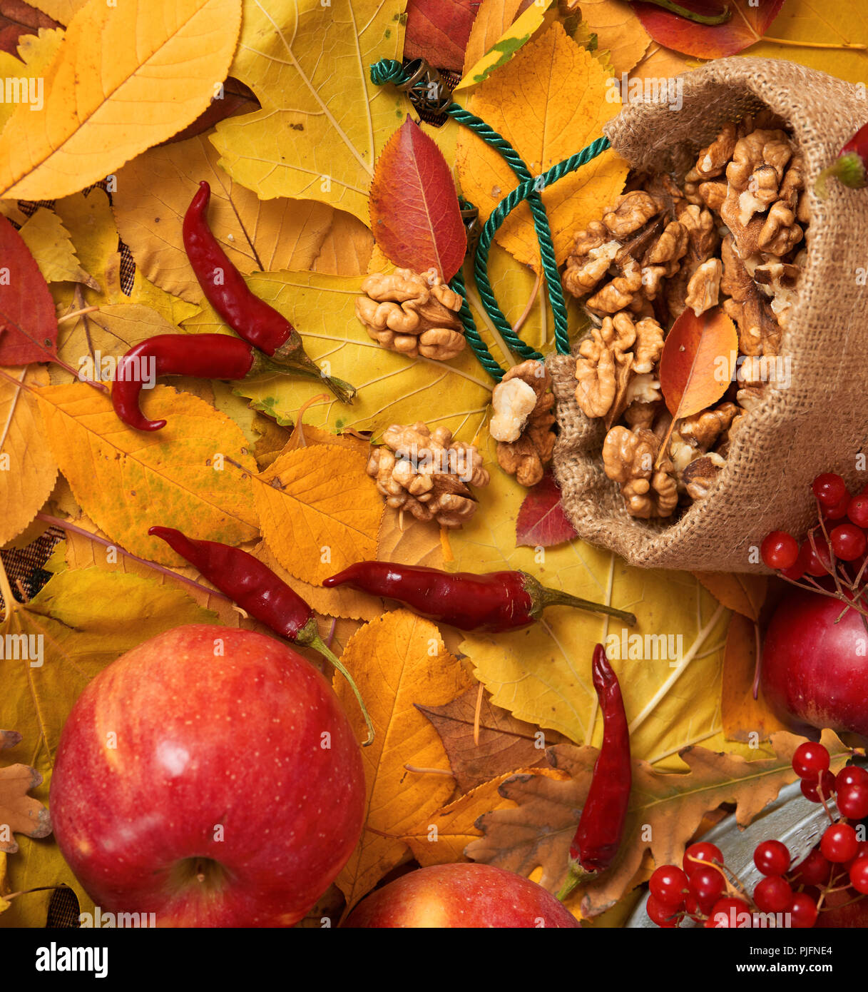 autumn harvest - fruits and vegetables are on fallen yellow leaves ...