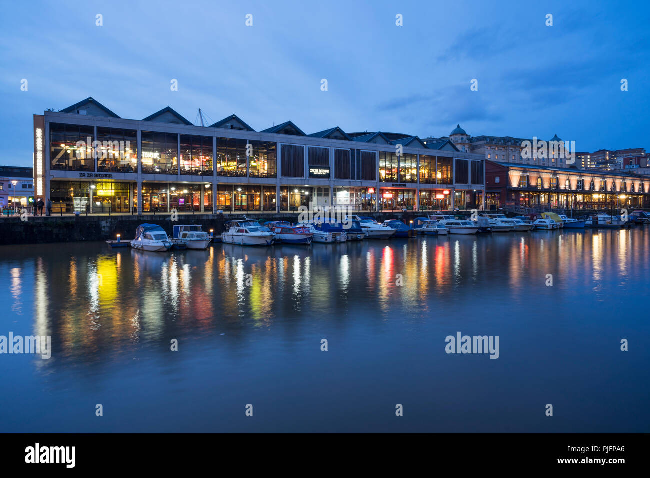 Dusk view of Bristol's Floating Harbour on the River Avon, England ...