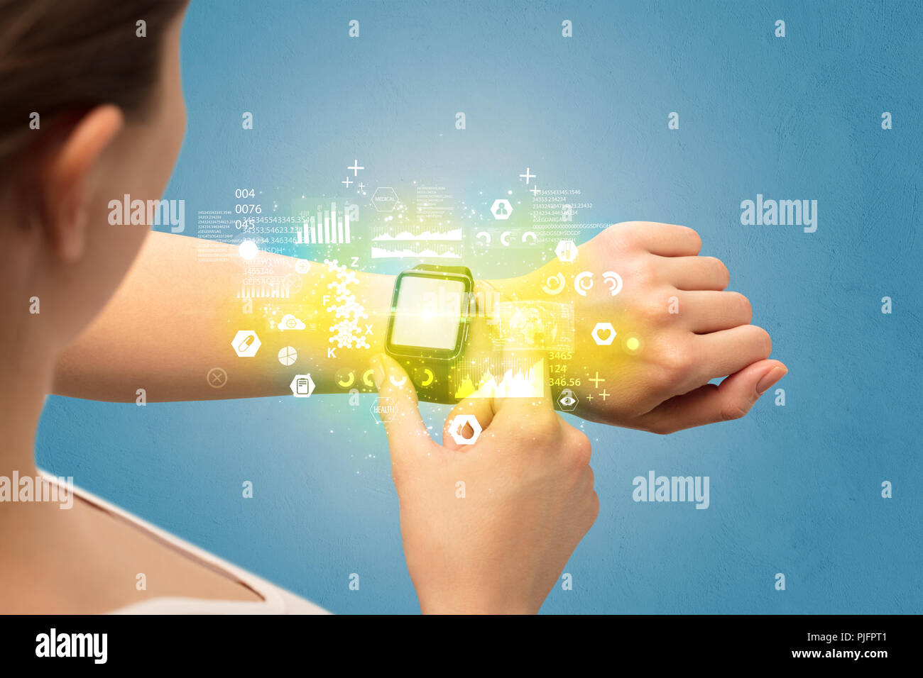 Hand with smartwatch and health medical tracker concept Stock Photo - Alamy