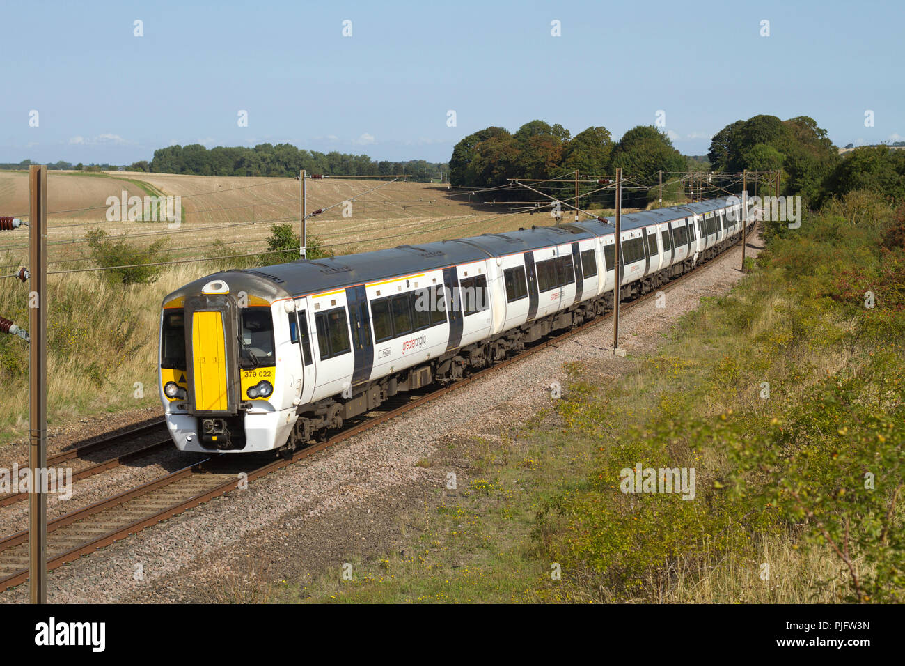A pair of class 379 Desiro electric multiple units numbers 379022 and 379007 form a Greater ...