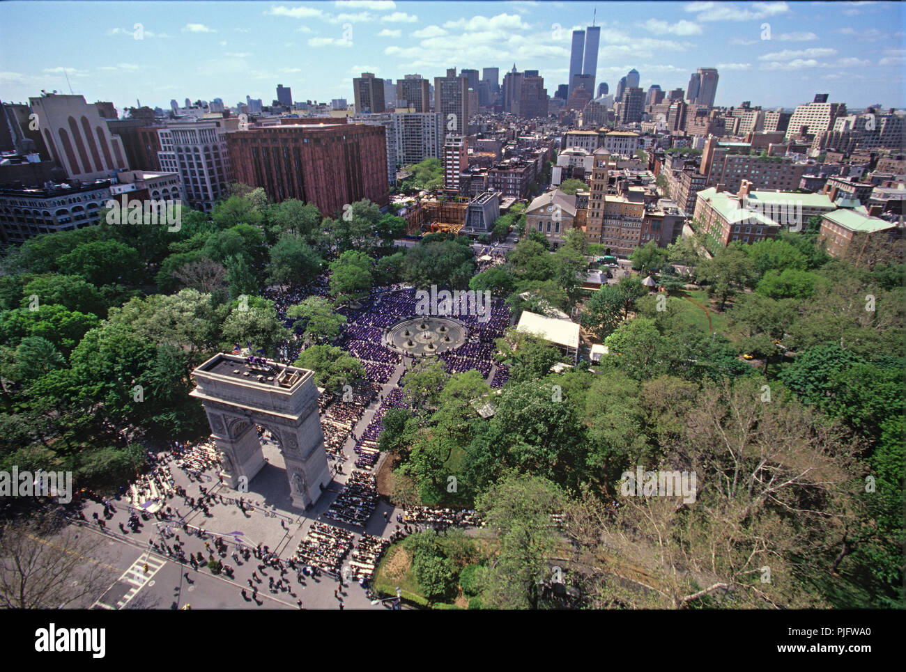 Aerial view of Washington Square Park taken from the rooftop of an ...