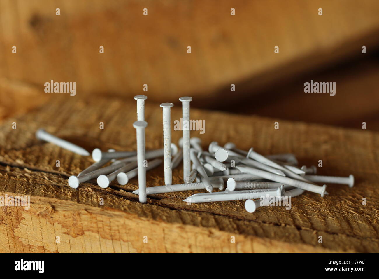 group of white nails on a wood background Stock Photo - Alamy