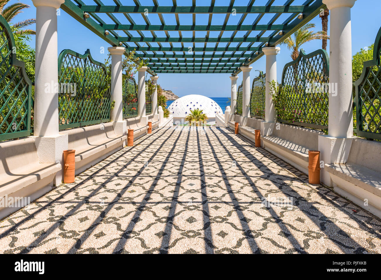 RHODES, GREECE - May 13, 2018: Walkway with pergola in thermal Springs ...
