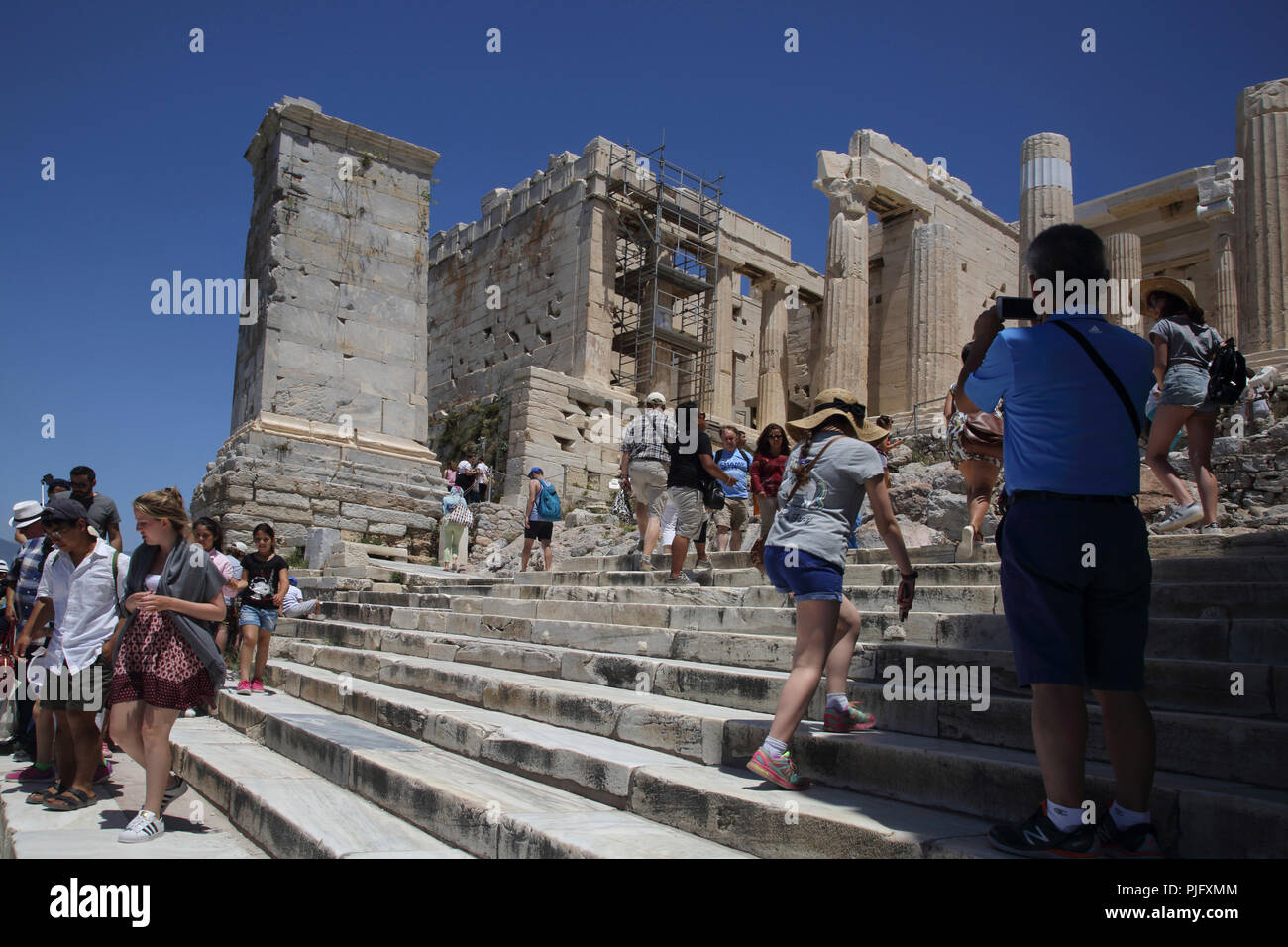 Acropolis Athens Greece Tourists Climbing Stairs of the Propylaia Stock ...