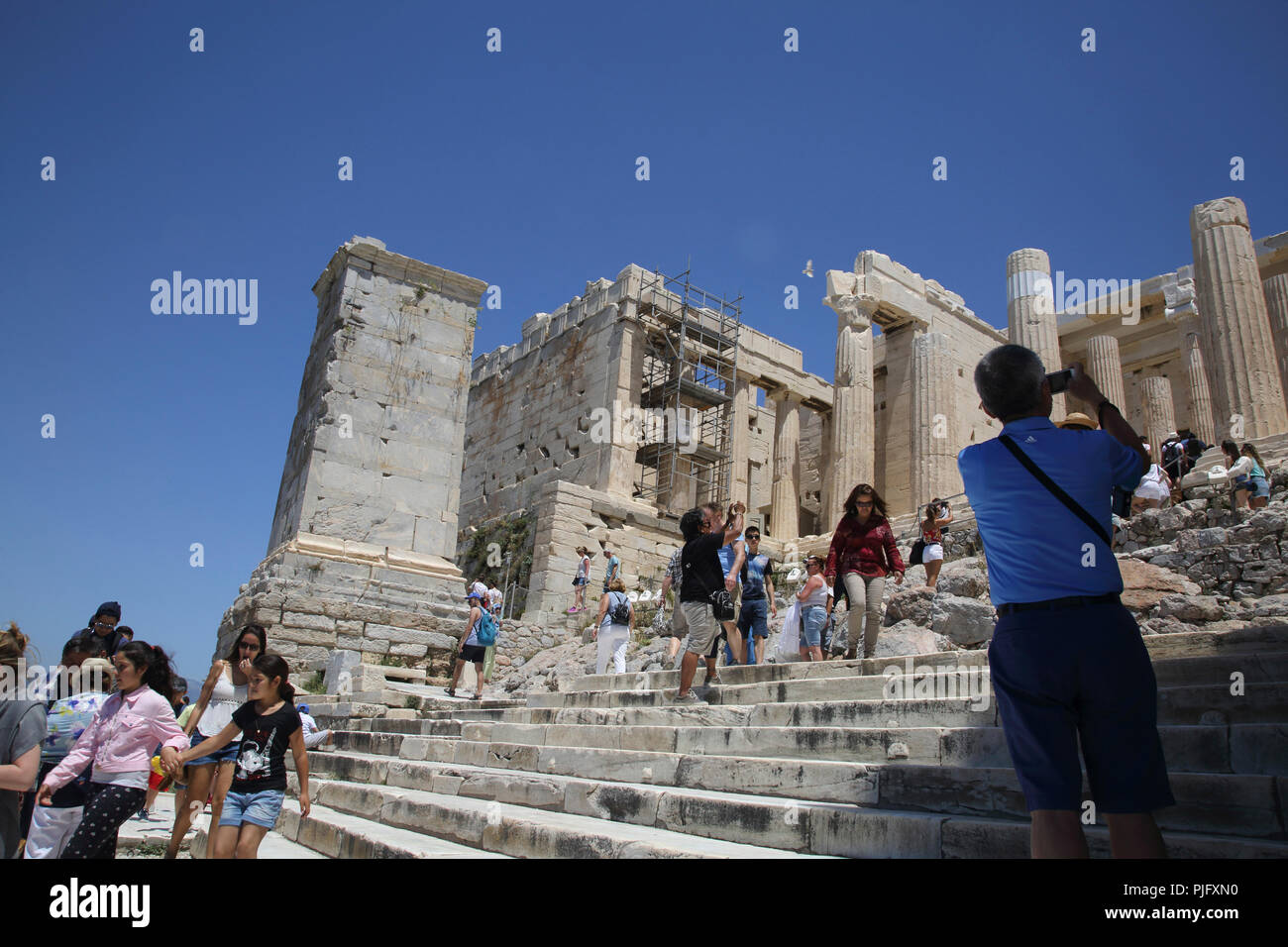 Acropolis Athens Greece Tourists Climbing Stairs of the Propylaia Stock ...