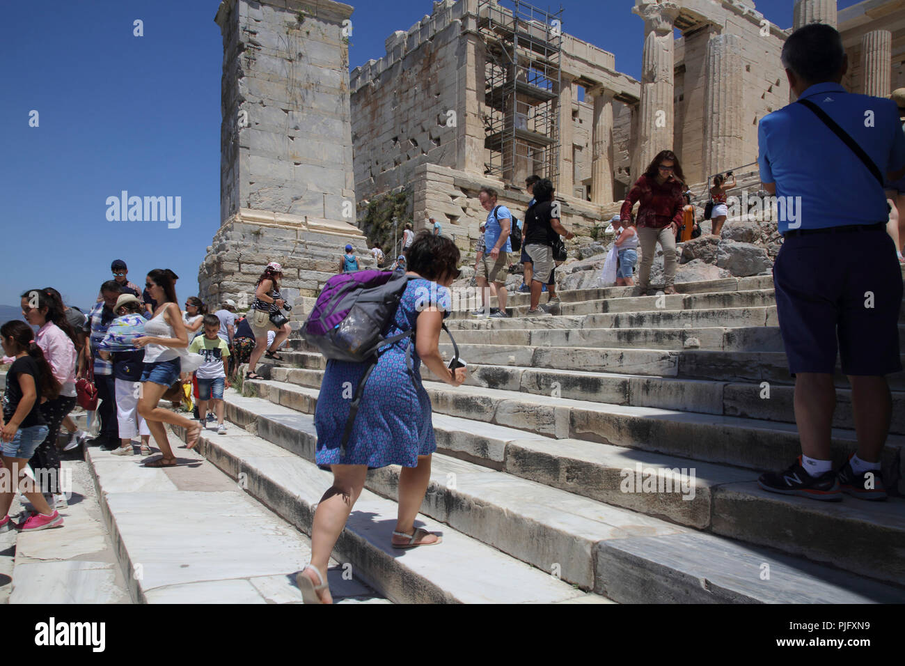 Acropolis Athens Greece Tourists Climbing Stairs of the Propylaia Stock ...