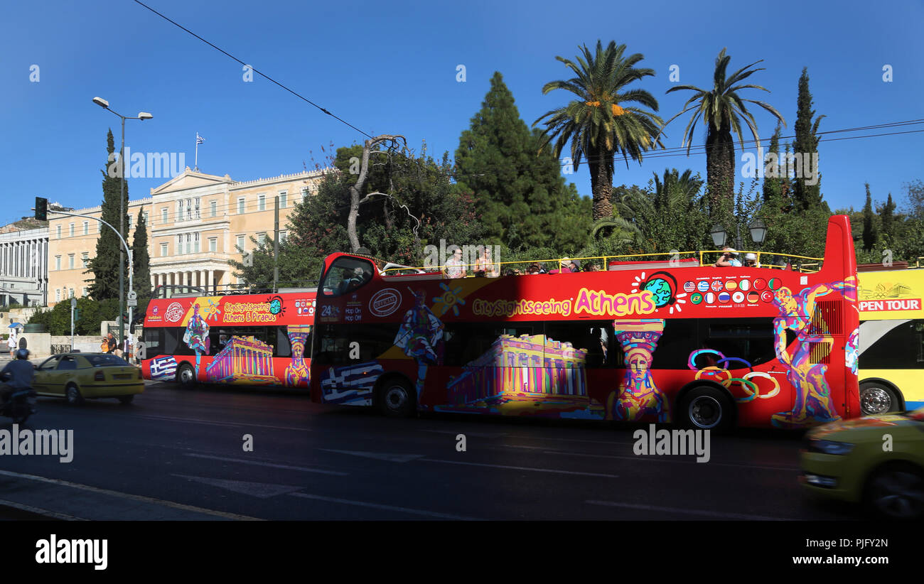 Athen Greece Leoforos Vasilissis Amalias Tour Buses Outside Parliament ...