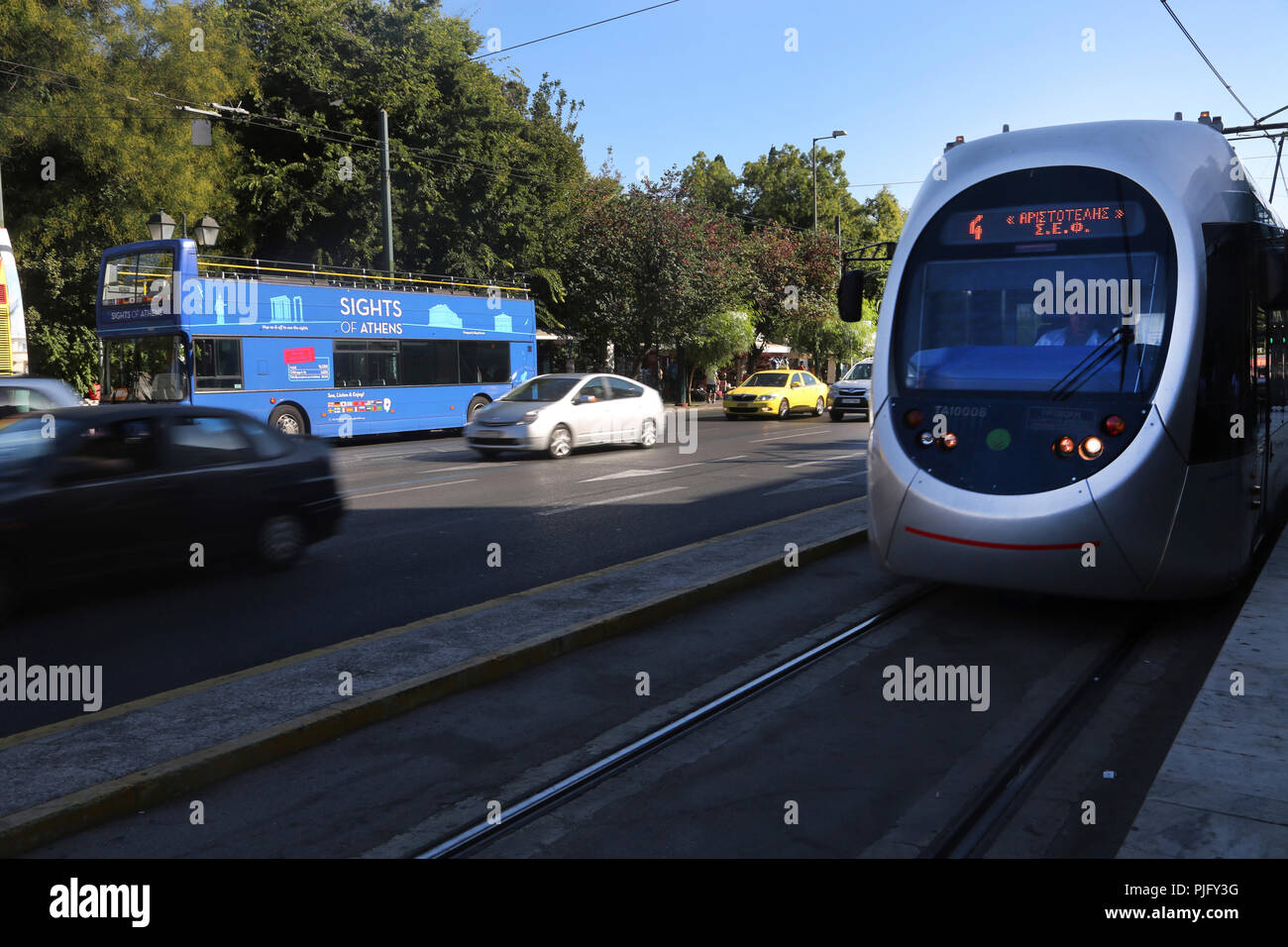 Athen Greece Leoforos Vasilissis Amalias Tram and Tour Bus Stock Photo ...