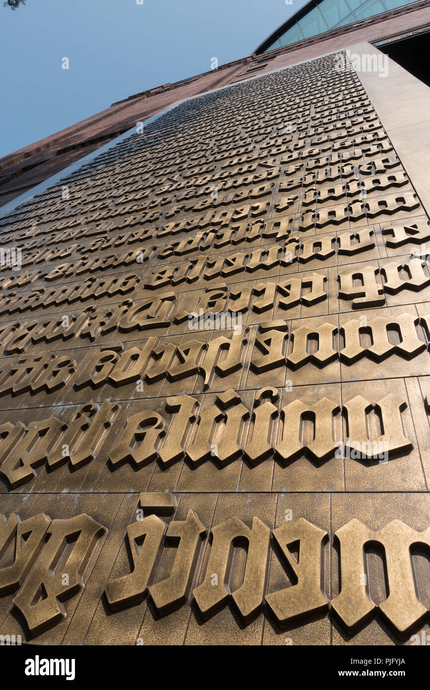 Detail of one of two bronze plates at entrance to Museum of the Bible ...