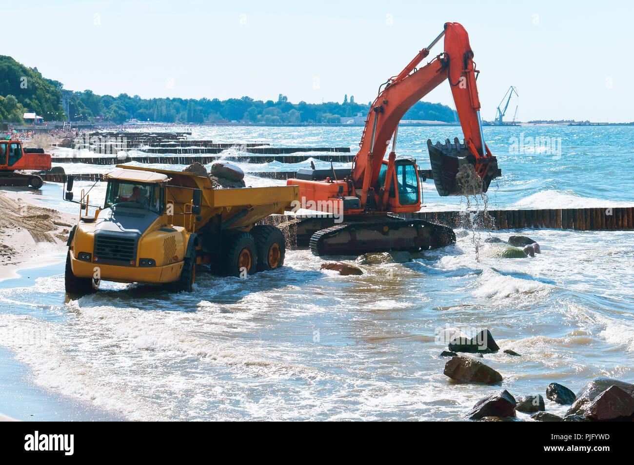 construction of breakwaters at sea, construction equipment in the ...