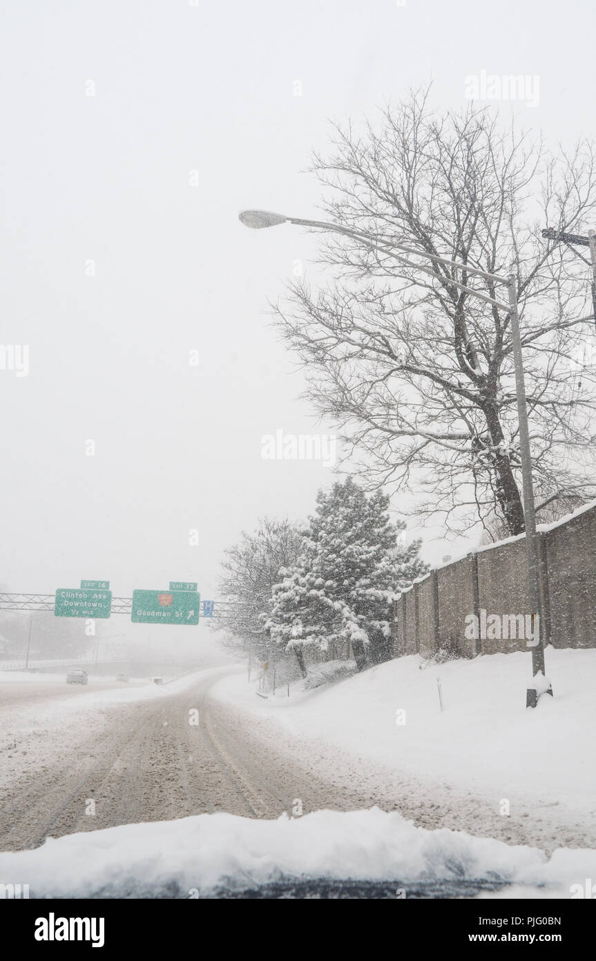 Driving in the snow on NY 490 in Downtown Rochester, New York USA Stock ...