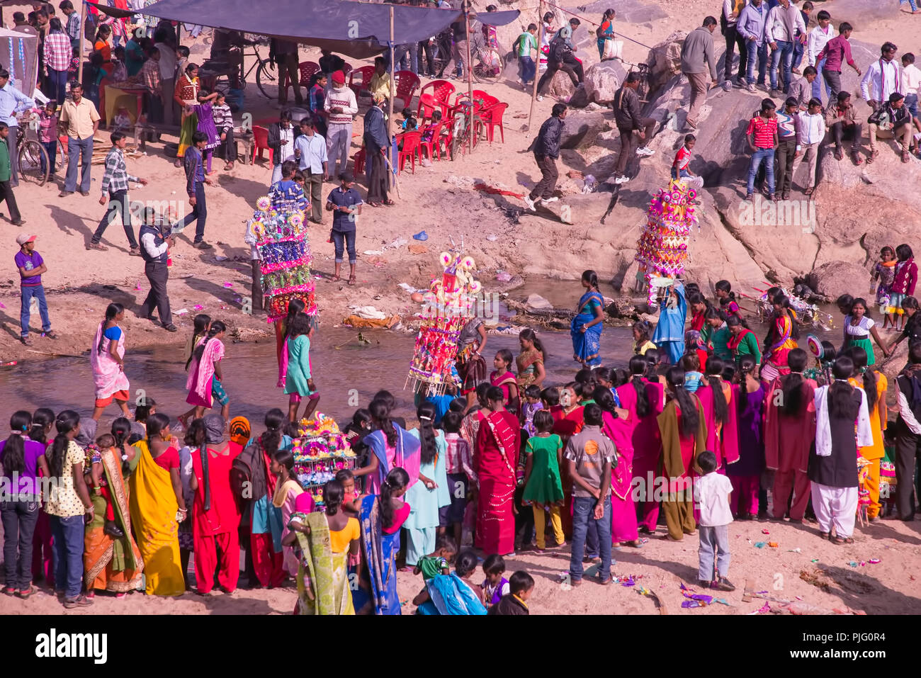 Makar sankranti,ritual,immersion,Goddess Tushu,,assembly,on river bank ...