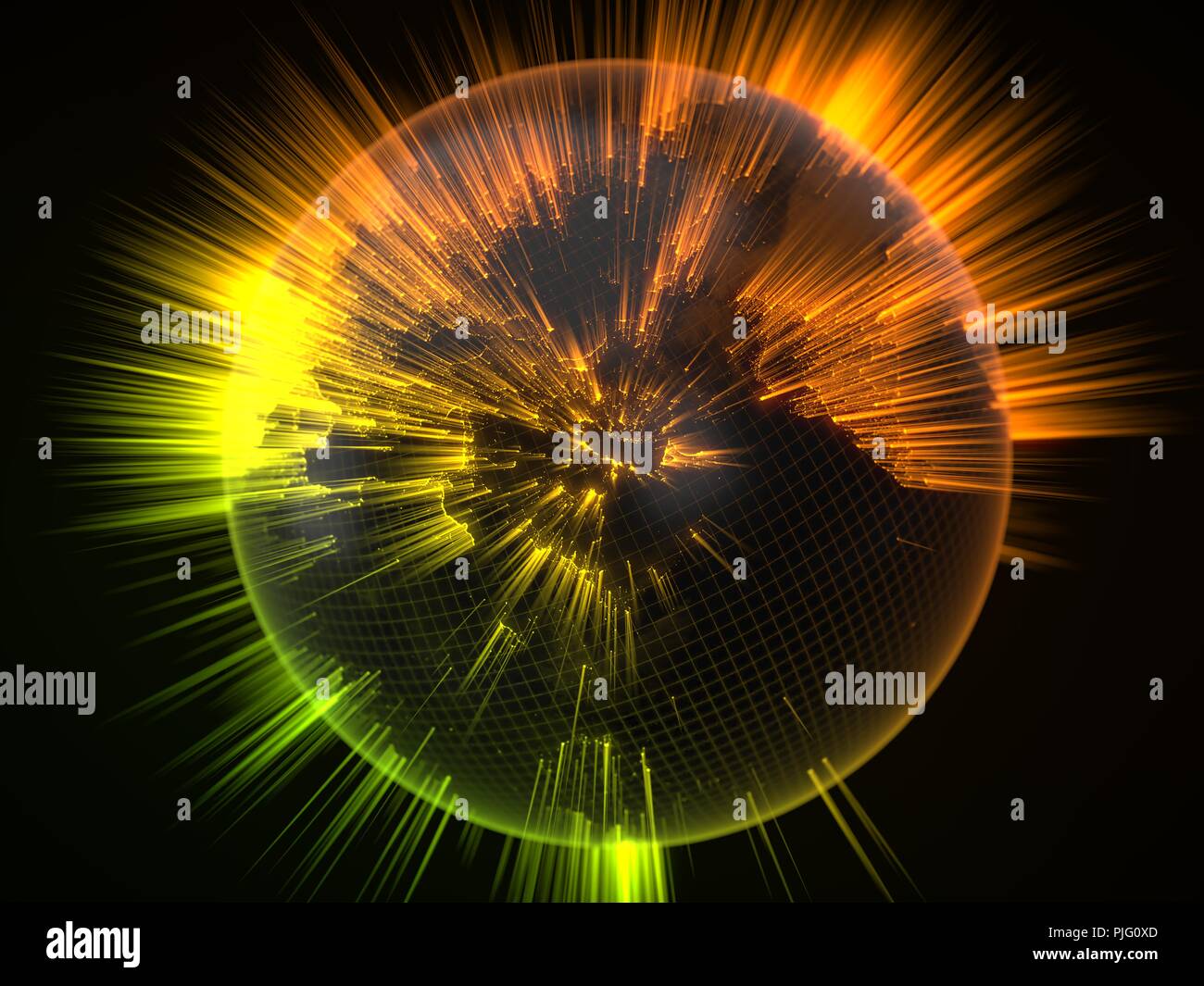 dark earth globe with glowing details and light rays. 3d illustration ...