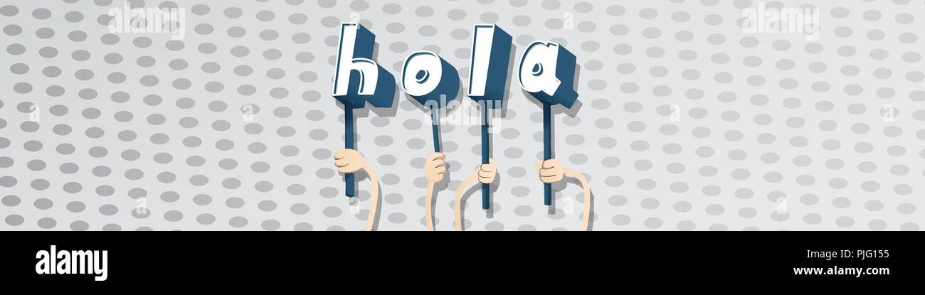 Diverse hands holding letters of the alphabet created the word Hola ...