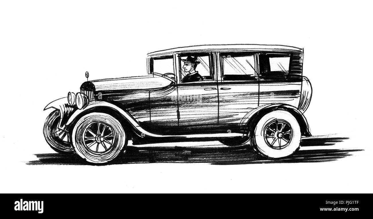 Vintage car. Ink black and white illustration Stock Photo - Alamy
