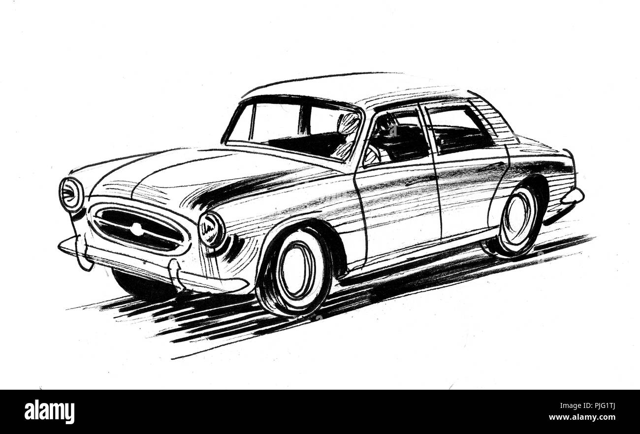 Vintage car. Ink black and white illustration Stock Photo - Alamy
