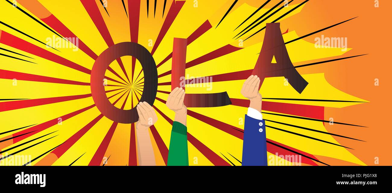 Diverse hands holding letters of the alphabet created the word Ola ...