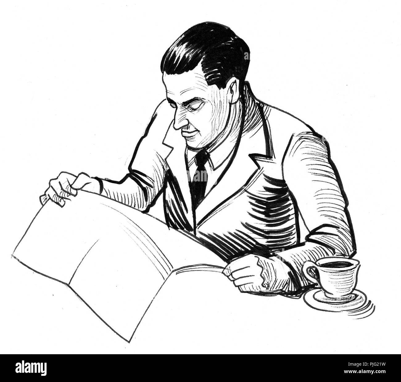 Man reading a newspaper and having a cup of coffee. Ink black and white ...