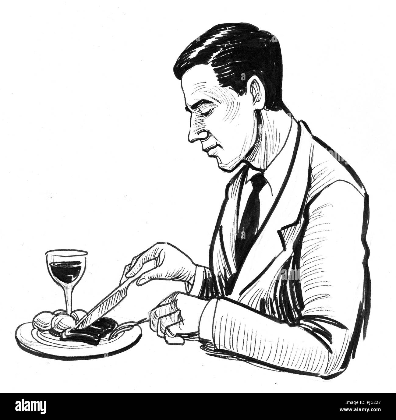 Gentleman eating lunch with fork and knife. Ink black and white ...