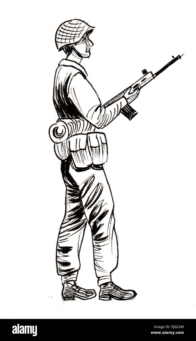 NATO soldier. Ink black and white illustration Stock Photo - Alamy