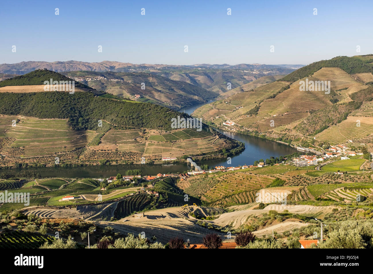 View over the River Douro and the Douro Valley and the riverfront town ...