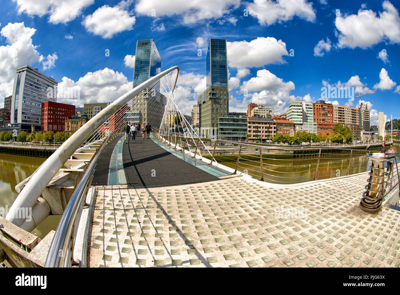 Zubizuri bridge by Santiago Calatrava and Isozaki Towers, Bilbao ...