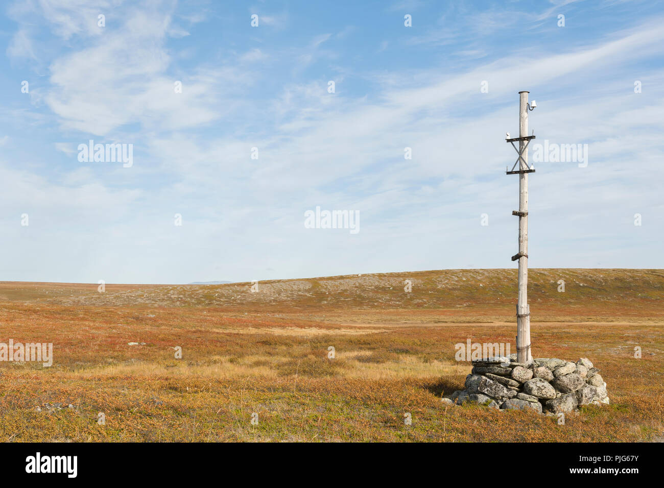 Old telegraph post at the mountain plateau "Finnmarksvidda" in Alta ...