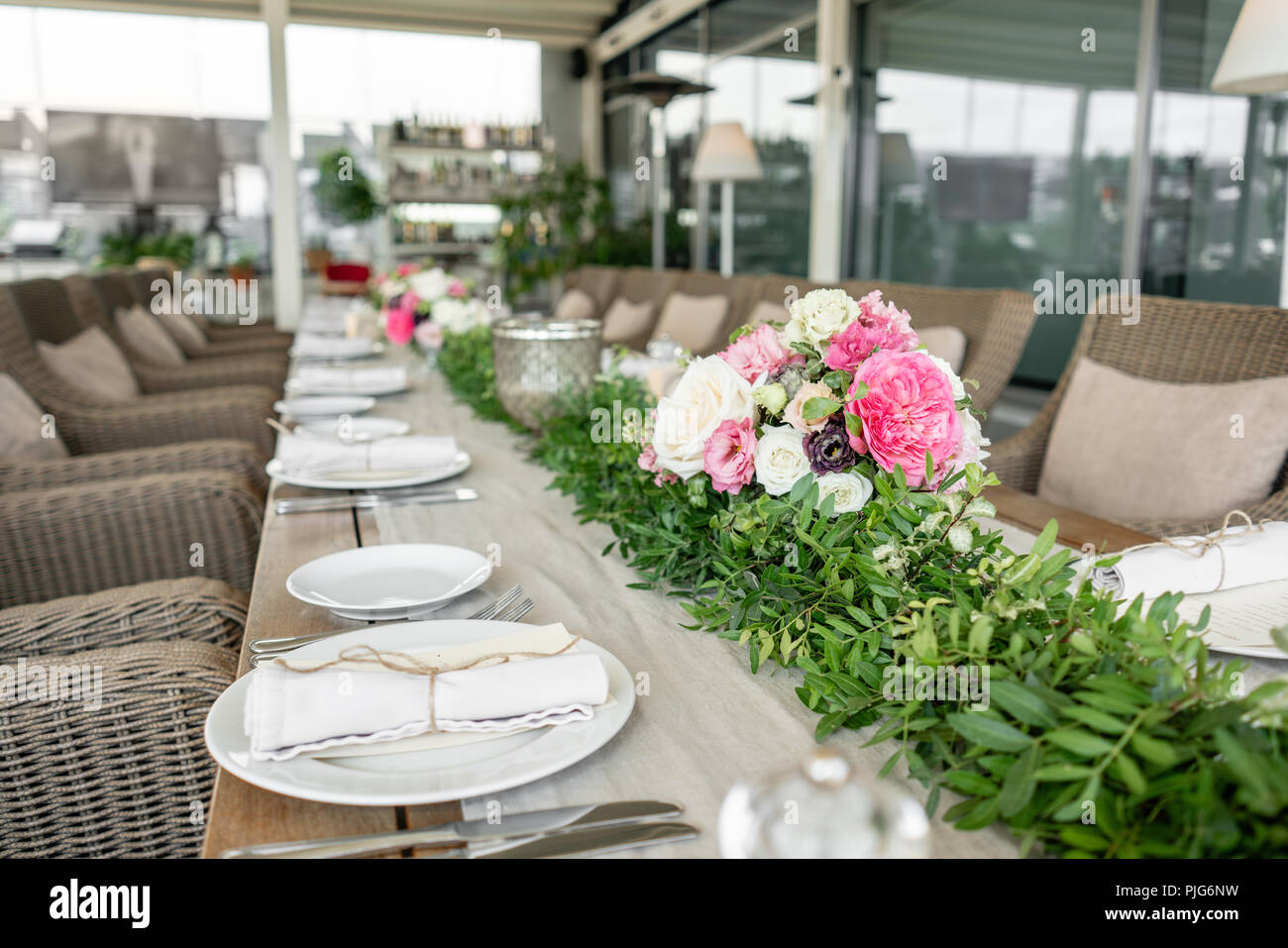 Wedding Banquet or gala dinner. The chairs and table for guests, served ...