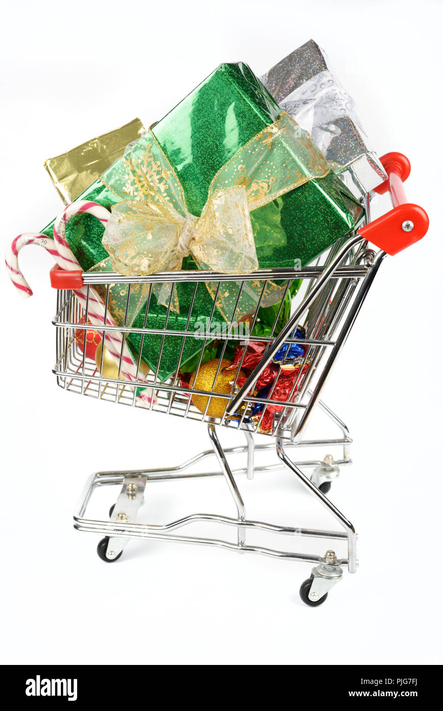 Shopping cart with Christmas gifts isolates on white background Stock ...